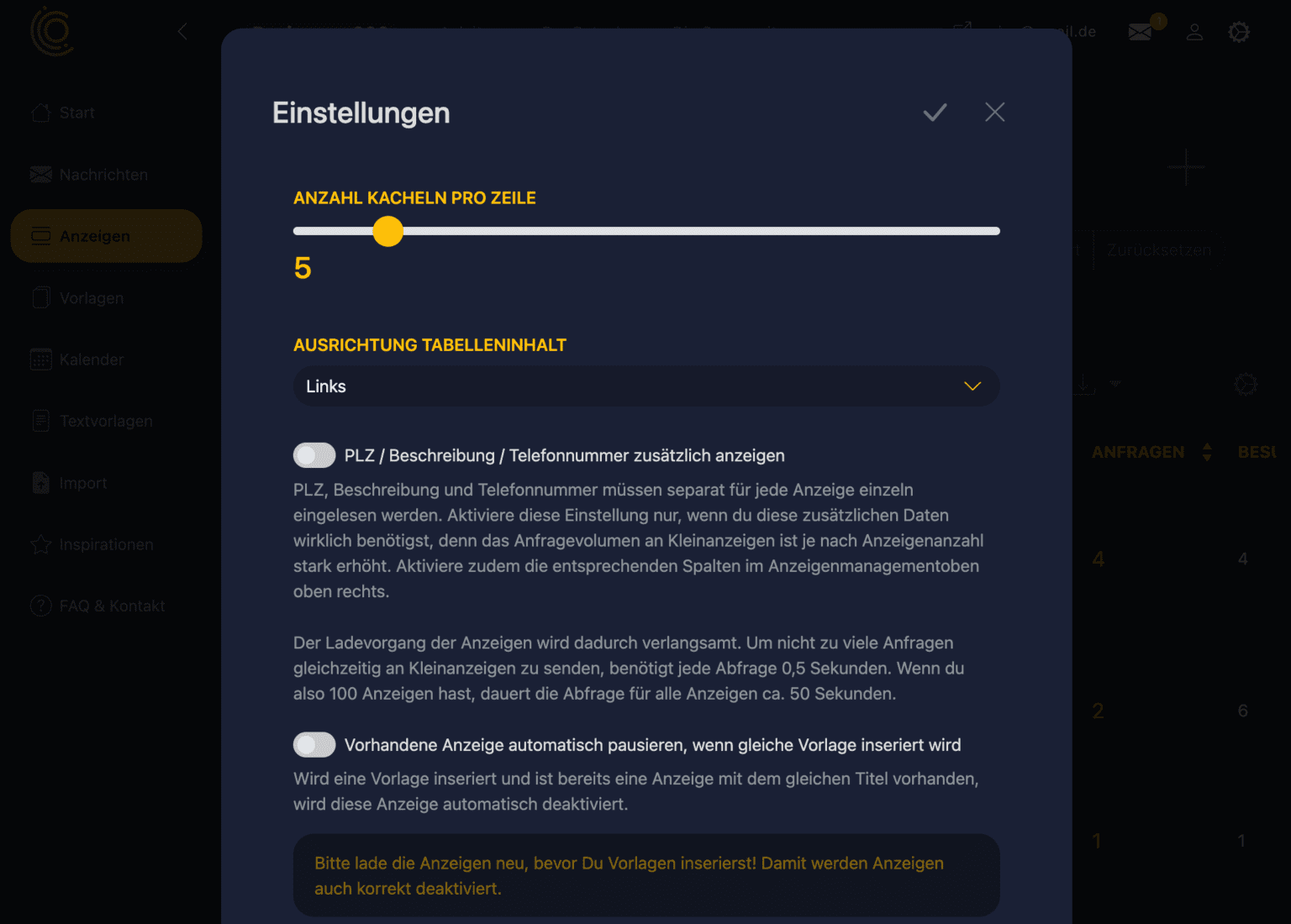 Einstellungen für Anzeigen - Kleinanzeigen-Enhanced